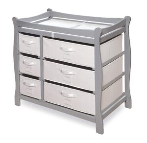 sleigh style baby changing table with 6 baskets - cool gray