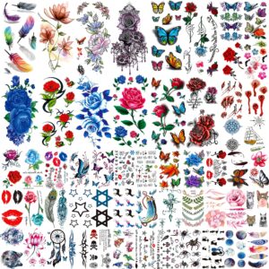 coktak 56 sheets variety colorful rose flowers temporary tattoos for women, realistic feather 3d butterfly fake tattoos temporary for girls, sexy floral blossom branch arm neck face tatoo sticker kit