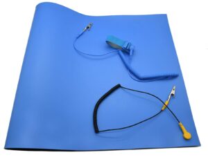 esd high temperature mat kit,esd mats,esd rubber mat,esd kit,16" x 24" x 0.08",blue, anti-static mat with esd wrist strap and esd grounding cord for sensitive electronics working - esd mat kit