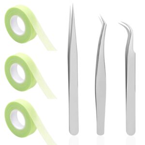 3 rolls eyelash extension tape with tweezers, sourceton micropore fabric tape roll 0.5 inch 10 yards (green) with 3 pcs straight pointed and curved tweezers (silver)