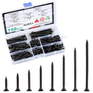 150pcs drywall screws, premium black steel machine screws with phillips drive device #7 bugle head, black steel self-tapping screws, wood screw kit, for drywall slate, wood, furniture cabinet