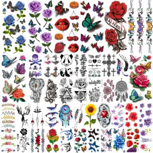 rejaski 44 sheets various 3d rose flowers butterfly temporary tattoos for women, watercolor tatoos kids tattoos temporary feather dreamcatcher, realistic cross anchor fake arm neck tattoo sticker kit