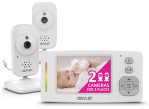 axvue video baby monitor, slim handheld, non-slip design, 2.8" horizontal screen monitor & 2 camera,12 hour battery life, 2-way talk, night vision, temperature monitor, no wifi.