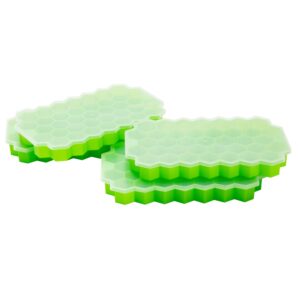 mind reader mini ice cube trays, honeycomb mold, cover, reusable, stackable, freezer, silicone, 8"lx5"wx1"h, set of 4, green