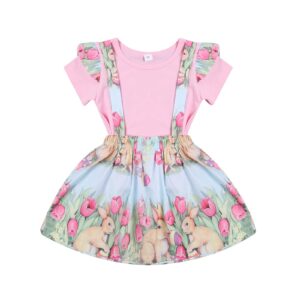 toddler baby girl easter clothes solid color short sleeve t-shirt top bunny floral print suspender skirt outfits (blue, 4t / 5t)