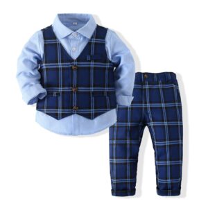 kimocat boys 3pcs clothing sets elegant long sleeve shirts + vest with flower+pants party suit (blue 2, 12-18 months)