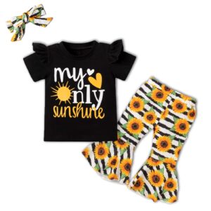 dream bus toddler baby girl clothes set my only sunshine cute ruffle short sleeve top sunflower flared pants summer baby girl outfits 12-18months