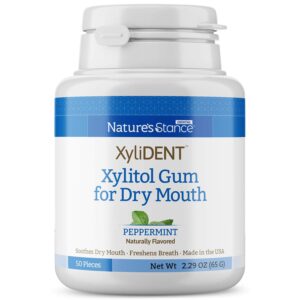 xylident xylitol gum for dry mouth relief - stimulates saliva, freshens breath, reduces acid production, fast acting relief, 50 count (peppermint)