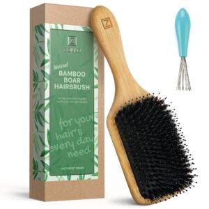 natural boar bristle hair brush for women, men, kids; dry and wet detangling hair brush gently enhances shine, smooths frizz and prevents breakage in fine and straight, thick and curly hair (paddle)