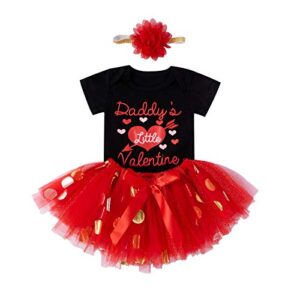 newborn infant girl skirt outfits red heart black romper+golden dots red tulle tutu skirt baby clothes valentine's day (0-3 months, daddy's little valentine outfits)