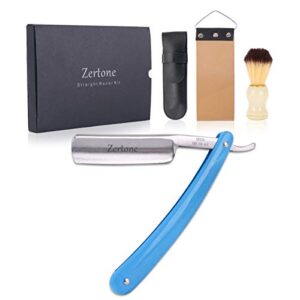 zertone straight razor kit with hair brush and leather strop, straight edge razor with carbon steel cutthroat blade, barber razor (blue)