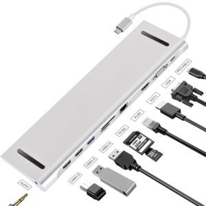 usb type c hub, tsemy usb c docking station 10-in-1 with 4k hdtv port rj45 ethernet, 3 usb ports, sd/tf cards reader, pd usb-c charging port, audio/mic for mabook/pro/air, type c windos laptops