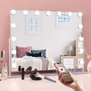 misavanity vanity mirror with lights and speaker 360 degree rotating hollywood lighted makeup mirror with 15 dimmable led bulbs 3 color lighting usb charge port for dressing room and bedroom, white