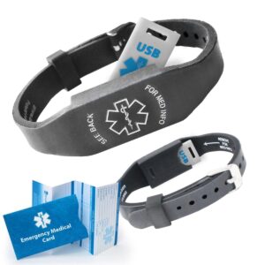 elite ii usb medical alert bracelet – hypoallergenic silicone wristband w/ 2gb waterproof flash drive, engraved id plate, and emergency medical card – access to personal health record portal, gray