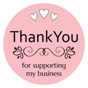 gazelle thank you stickers roll for packaging, bags, greeting cards, and receipts - 500 thank you for supporting my business stickers - 1.5'' stickers designed with soy-based eco-friendly ink (pink)