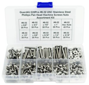 guard4u 220pcs #6-32 unc stainless steel phillips pan head machine screws nuts assortment kit- #6-32x 3/16" 1/4" 5/16" 3/8" 1/2" 5/8" 3/4" 7/8" 1"