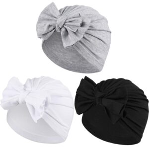 3 pieces baby bow knot turban hats beanie headwraps for toddlers girls (black, white, grey)