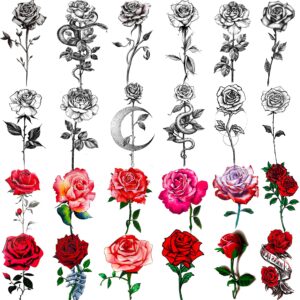 egmbgm 24 sheets black sketch rose with snake temporary tattoos for women, sexy red rose branch crescent moon tattoo sticker for girls, waterproof arm leg neck fake flowers tattoo temporary tatoo kit