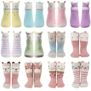 tiny captain baby toddler girls animal grip socks tube socks anti-slip cartoon sock (1-3t, pink and pastel - 12 pairs)