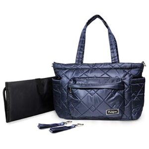 great travel size stylish quilted diaper tote bag, gender neutral go bag with portable changing pad, laptop pocket, shoulder strap, and 2 stroller straps, navy