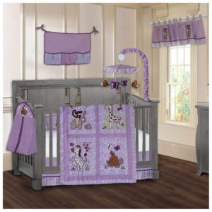 babyfad jungle girl purple with elephant, giraffe, zebra and turtle with musical mobile 9 piece baby crib bedding set 100% cotton