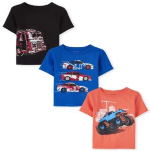 the children's place baby boys and toddler short sleeve multi color graphic t-shirt, 3 pack, firetruck/racecar/monster truck, 12-18 months us