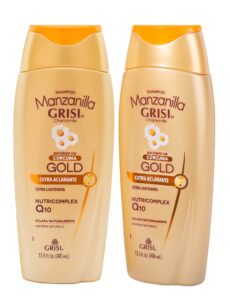 manzanilla grisi gold extra lightening shampoo cleansing and extra lightening with chamomile extract and turmeric lightens naturally soft and luminous hair, 2 pack of 13.5 fl oz, bottles, 2 count