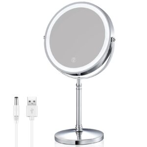 amznevo rechargeable 8'' lighted makeup mirror, 10x magnifying vanity mirror with 3 color led lights, double-sided cosmetic mirror battery powered, touch button adjust brightness