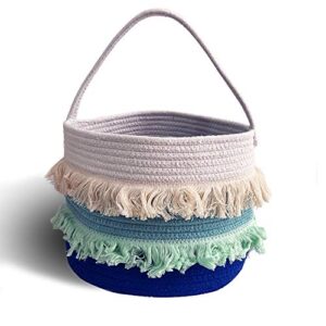 rope easter basket for kids - easter rope basket with tassel encircled, easter blues boys basket, 9.5"d × 8"h size, design by qltlqs-1986 (blue)