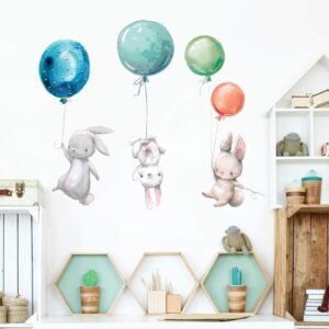 laszola creative wall stickers watercolor wall decals, removable peel and stick cartoon animal neutral vinyl wall decoration for boy girl bedroom, balloon and bunny