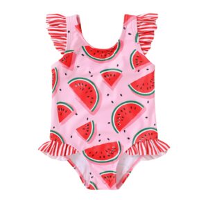 tiny cutey toddler girl swimsuit ruffled stripe sleeveless swimwear one-piece baby girl bathing suits (pink-watermelon, 12-18 months)