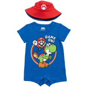 super mario nintendo mario yoshi infant baby boys romper and bucket sun hat blue/red 12 months