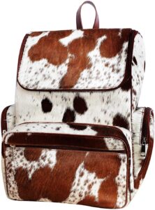 lp-facon western cowhide print leather diaper backpack | cute shower gifts for mom | large travel bag brown & white