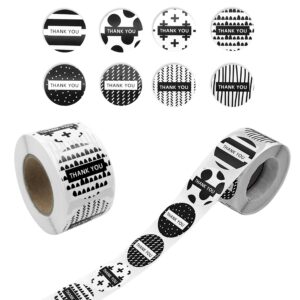 pottiis 500pcs 1.5 inch black and white patterned thank you stickers,8 different design thank you designs for business packaging,thank you labels for gifts bags,boxes and envelope sealing