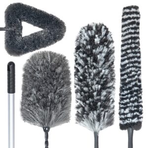 rocktex feather duster kit with 5.6ft extension pole, 4 dusting brush for cleaning home wall ceiling fan cobweb, microfiber static washable dusters, black dark gray