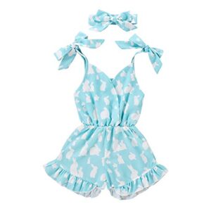 flashing boy one-piece toddler kid baby girl easter outfit bowknot strap romper ruffle bunny print jumpsuit headband (blue-rabbit, 3-4 years)