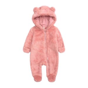 newborn baby warm snowsuit cotton fleece hooded romper bear pattern jumpsuit for baby girl boy pink 0-3m