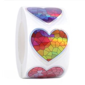 mercei heart stickers with stained glass background and silver holographic frame, 1.5 inch small heart shaped adhensive sticker labels in a roll, decorative or seal in business and personal package