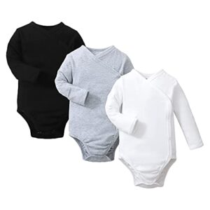 defahn baby side snap kimono bodysuit long sleeve with mitten cuffs 100% cotton 3-pack unisex onsies for newborn boy girl (3pc bk-wh-gy, newborn)