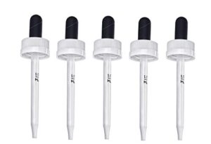 plastic eye dropper 1ml graduated. 20/400 neck finish with fine-ribbed child resistant white closure and a black bulb. 3 5/16” pipette tapered 7mm x 90mm. pack: (5)