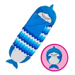 happy nappers pillow & sleepy sack- comfy, cozy, compact, super soft, warm, all season, sleeping bag with pillow- blue shark (medium- 54” x 20”)