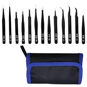 13 pcs sharp precision tweezers set,anti-static stainless steel esd tweezers kit for craft, jewelry, electronics repair, soldering & laboratory work.and used for beauty etc