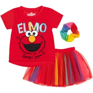 sesame street elmo infant baby girls graphic t-shirt mesh skirt and scrunchie 3 piece outfit set red/rainbow 18 months