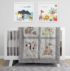 babyfad jungle grey with elephant, giraffe, zebra and turtle with musical mobile nursery for boys and girls, 9 piece baby crib bedding set 100% cotton