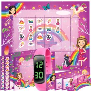 premium potty training watch & charts bundle - only watch with multiple alarms (16) to fit your schedule & easy to use smart timer - water resistant - princess theme (pink)