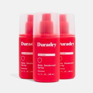 duradry body deodorant spray for men and women - unscented deodorant for whole body, aluminum free, natural odor neutralizer, clear and residue free, non staining, cruelty free - 3.4 fl oz (pack of 3)