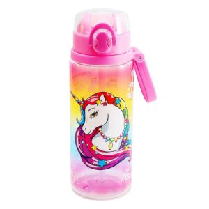 home tune 23oz kids water drinking bottle - tritan bpa free, wide mouth, auto flip cap, secure lock, easy open, lightweight, leak-proof time marker water bottle for girls & boys - unicorn