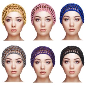 6 pieces mesh crochet hair net rayon knit snood hat thick short women hairnet snoods cover ornament for sleeping (black, blue, pink, purple, gray, khaki)