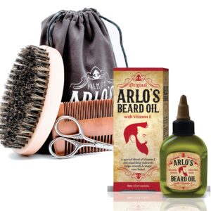 arlo's 5-pc mens premium beard grooming kit w/vitamin e beard oil 2.5oz -beard oil, beard brush, beard comb, beard scissors & carry bag