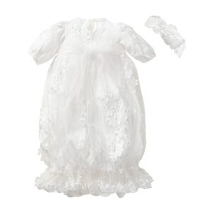 tentide baby girl christening baptism dresses white embroidered lace newborn baby dedication gowns with headband 0-3 month(off-white, 0-3 months)